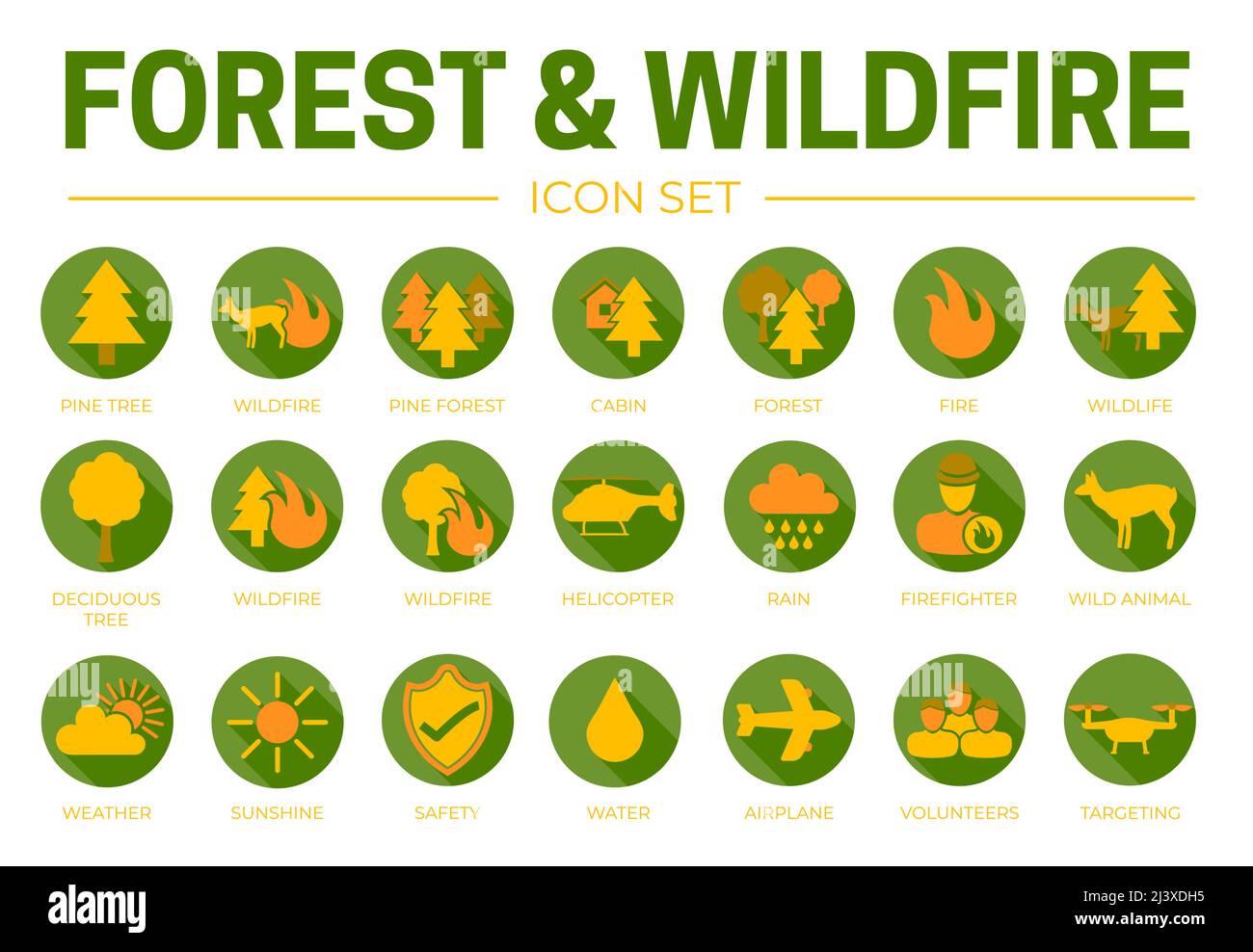 Green and Yellow Forest & Wildfire Round Icon Set with Fire, Pine ...