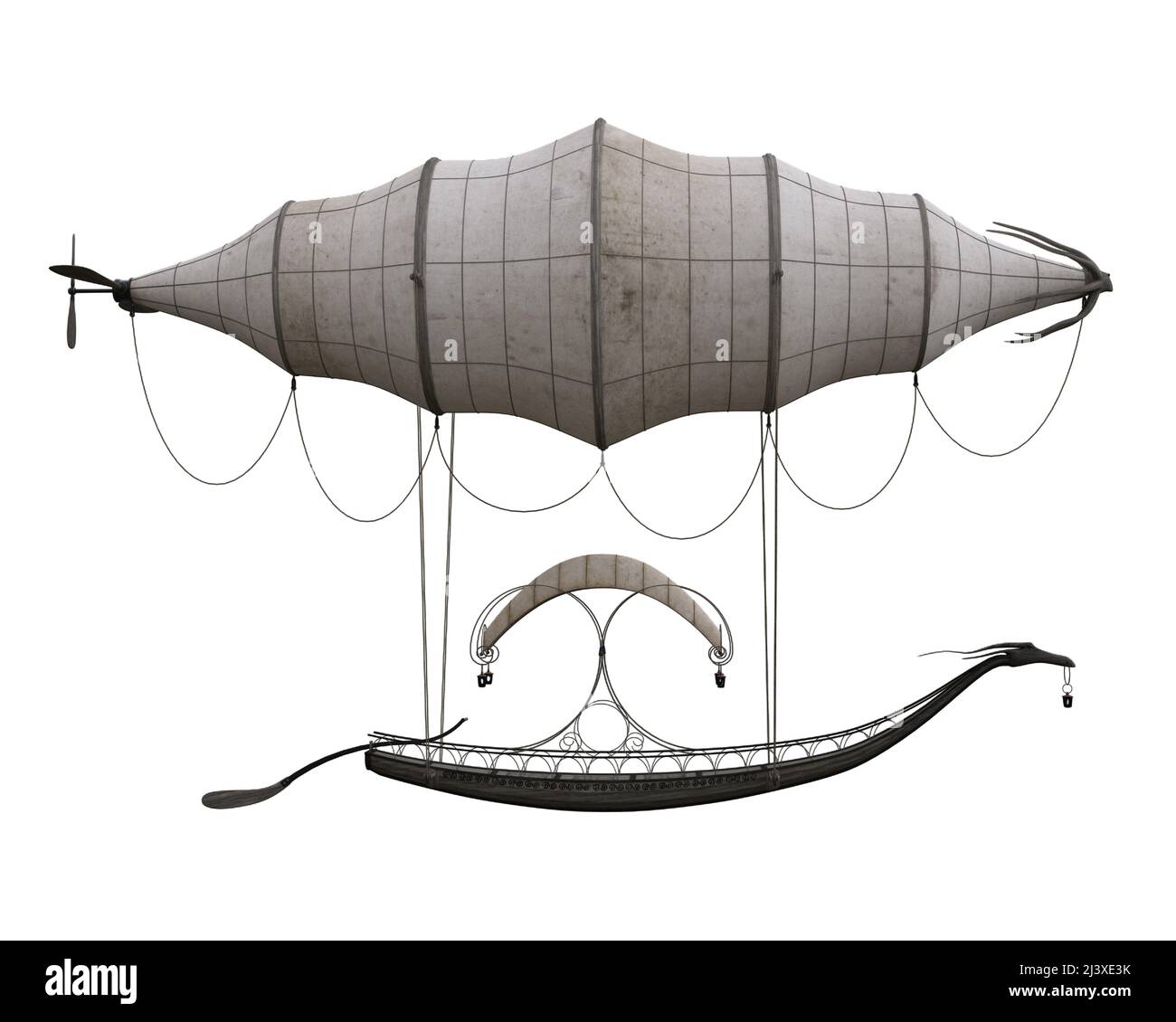 3D illustration of a fantasy elven airship isolated on a plain grey ...