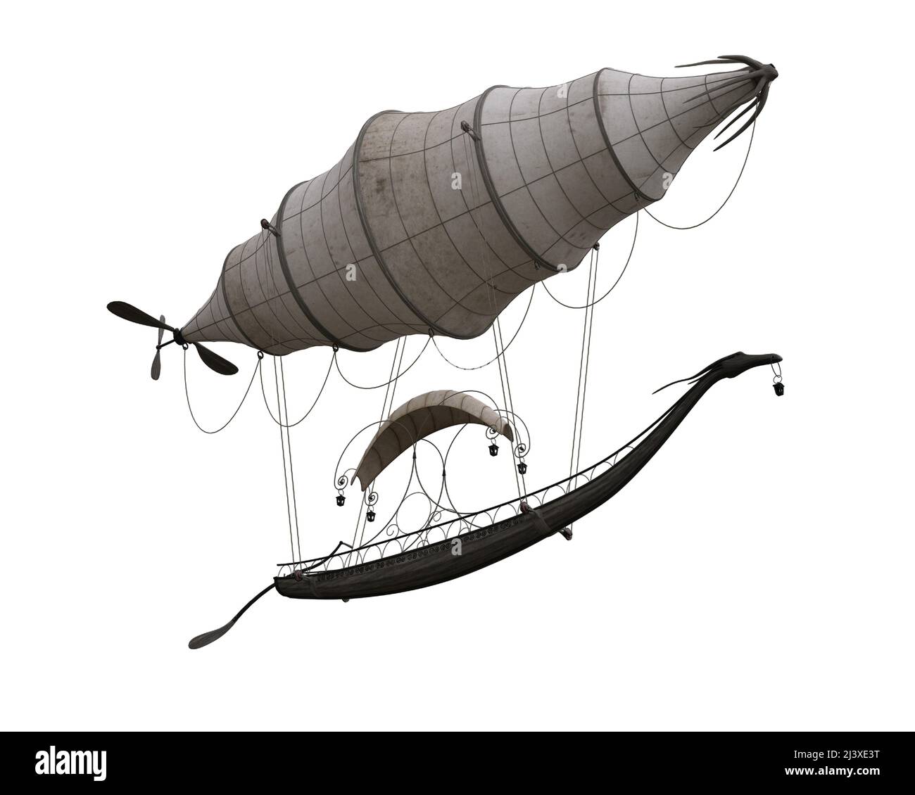 Fantasy gondola airship flying overhead. 3D rendering isolated on grey ...