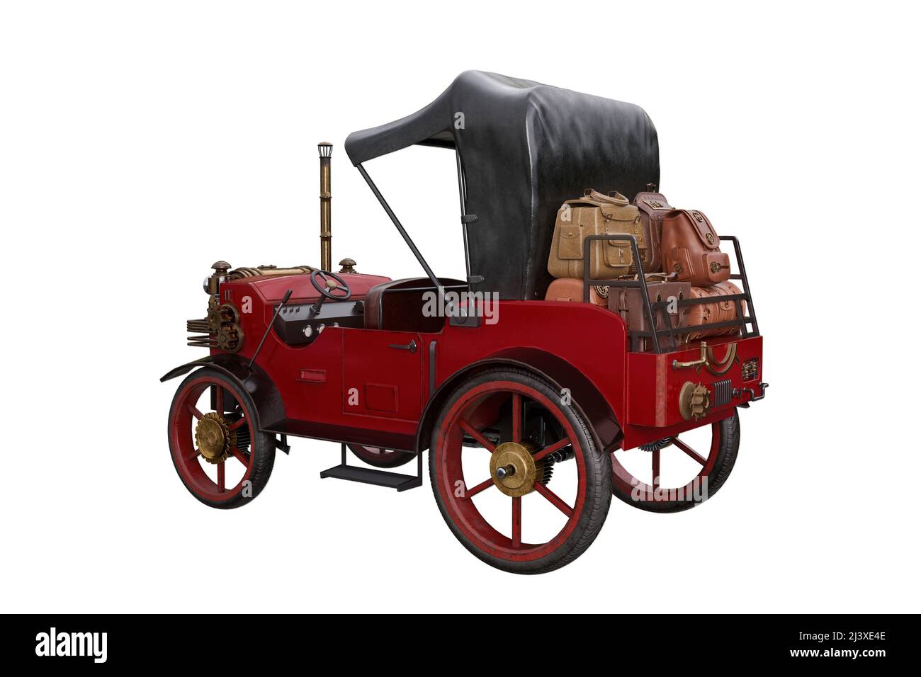 Red steampunk styled steam powered carriage with luggage on the back ...