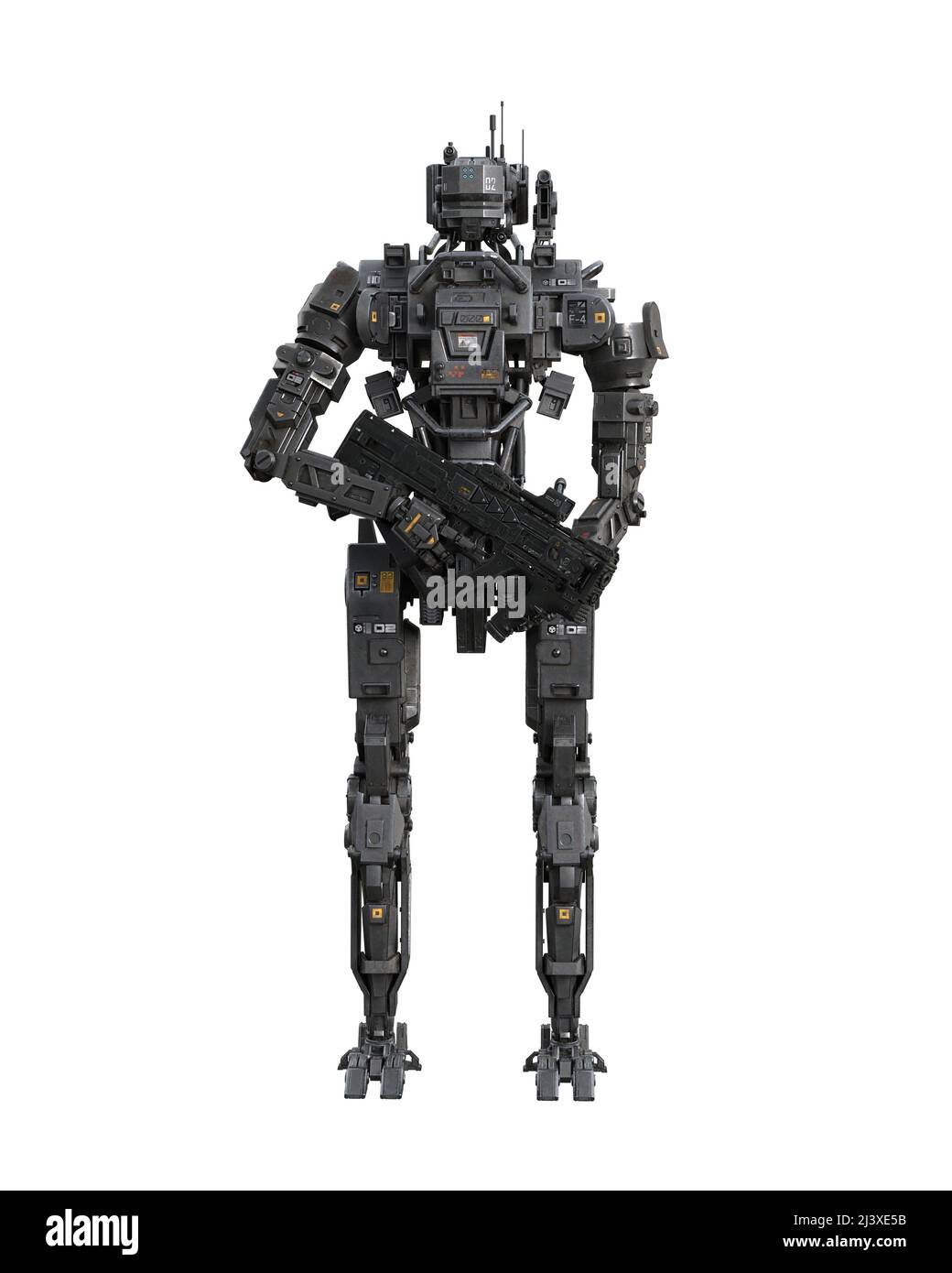 Futuristic fanatsy robot droid holding a submachine gun. 3D rendering ...