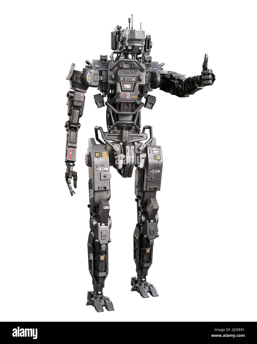 Futuristic cyberpunk robot droid making thumbs up sign. 3D rendering ...