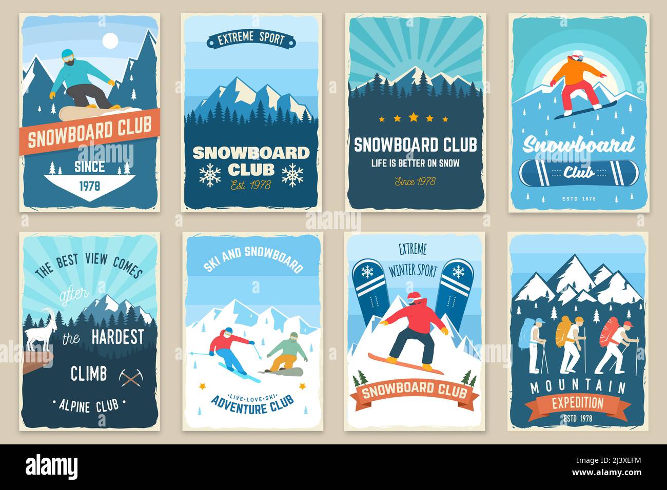 Set of mountain expedition and snowboard club retro posters. Vector ...