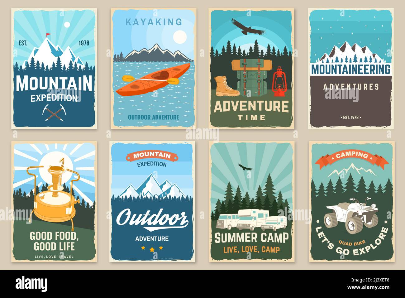 Set of camping retro posters. Vector. Outdoor adventure. Vintage ...