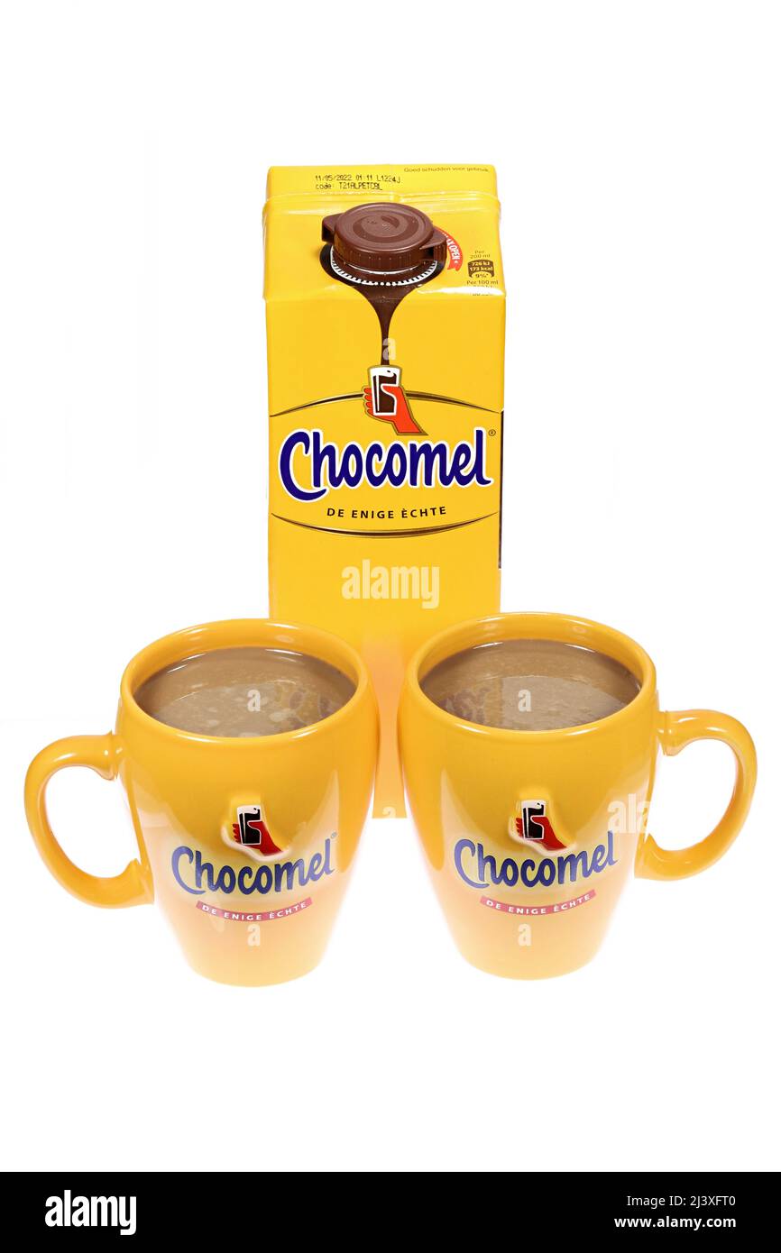 pair of Chocomel mugs with chocolate-flavoured milk isolated on white ...