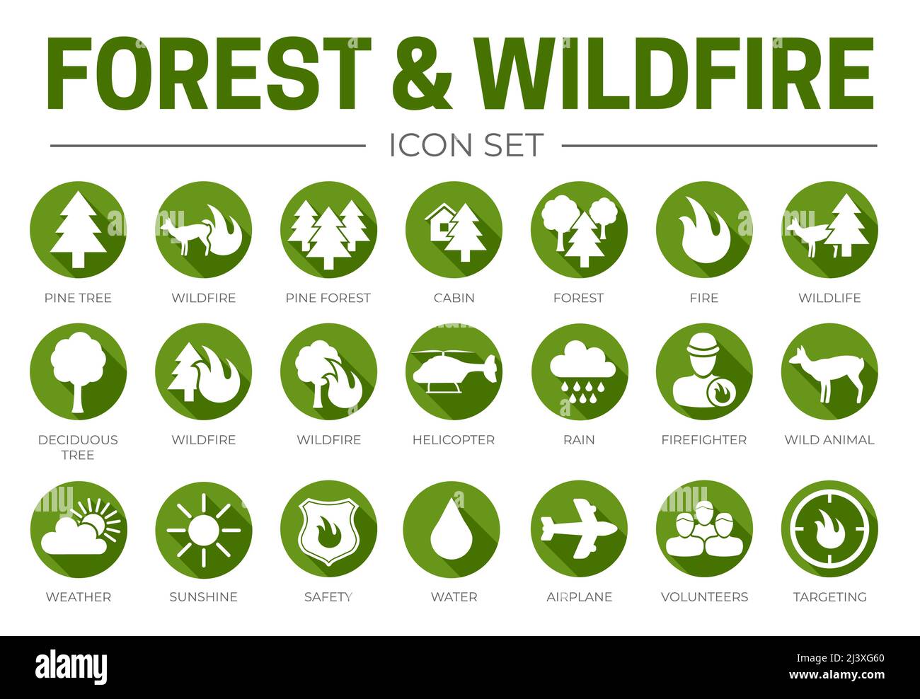 Green Flat Forest & Wildfire Round Icon Set with Fire, Pine, Cabin ...