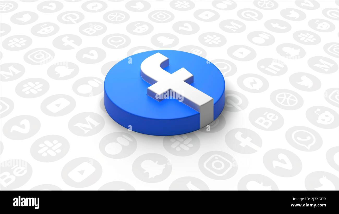 Abstraction. Motion. The Facebook icon splits into small blue parts . Use only for editorial ...