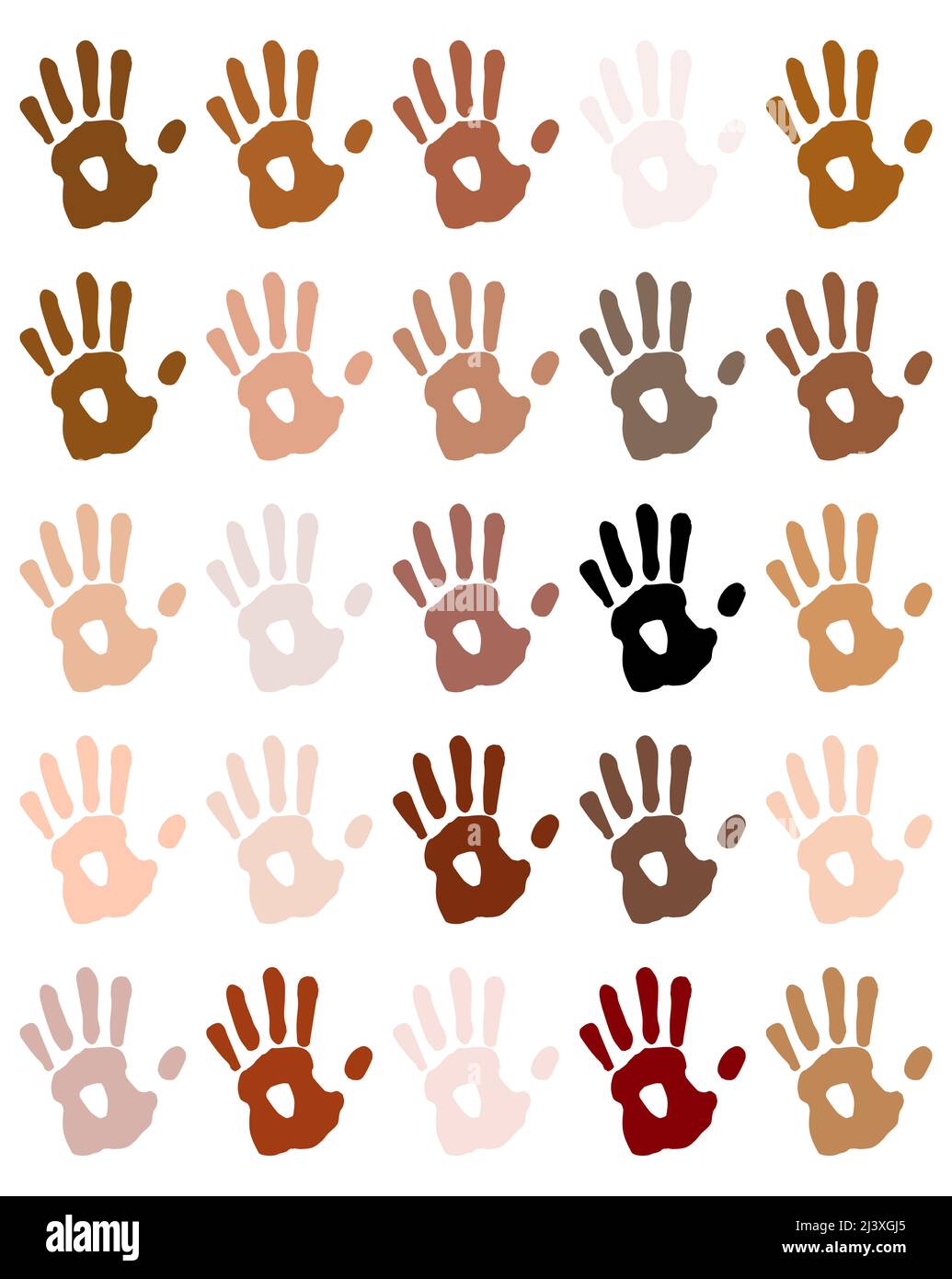 Hand palm prints of various skin colors together set over a white ...