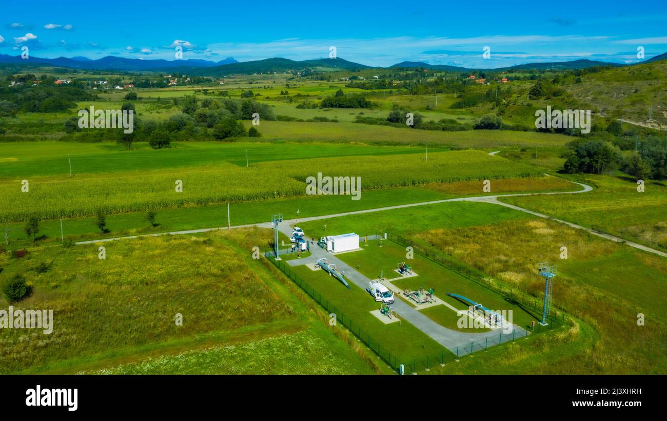 Aerial View of GAS PIPELINE reduction station near Plaski, Croatia ...