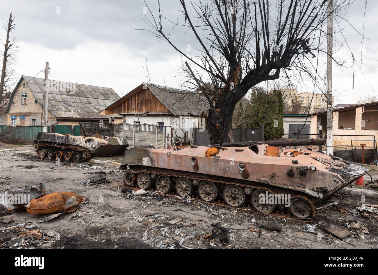 BUCHA, UKRAINE - Apr. 06, 2022: War in Ukraine. Destroyed military ...