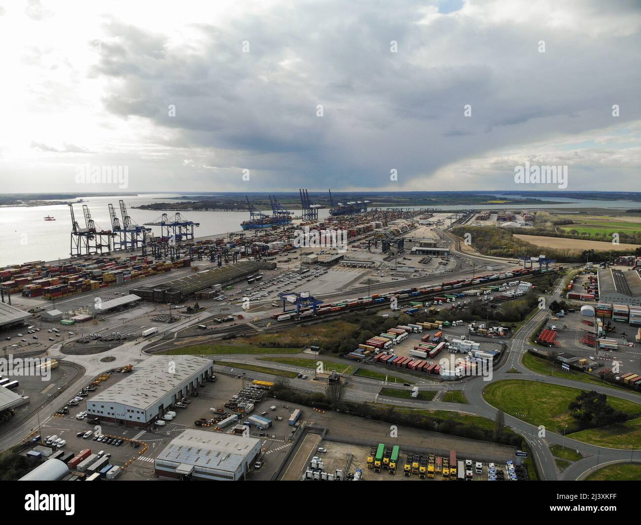 Drone photograph of the port of Felixstowe which is the largest and ...