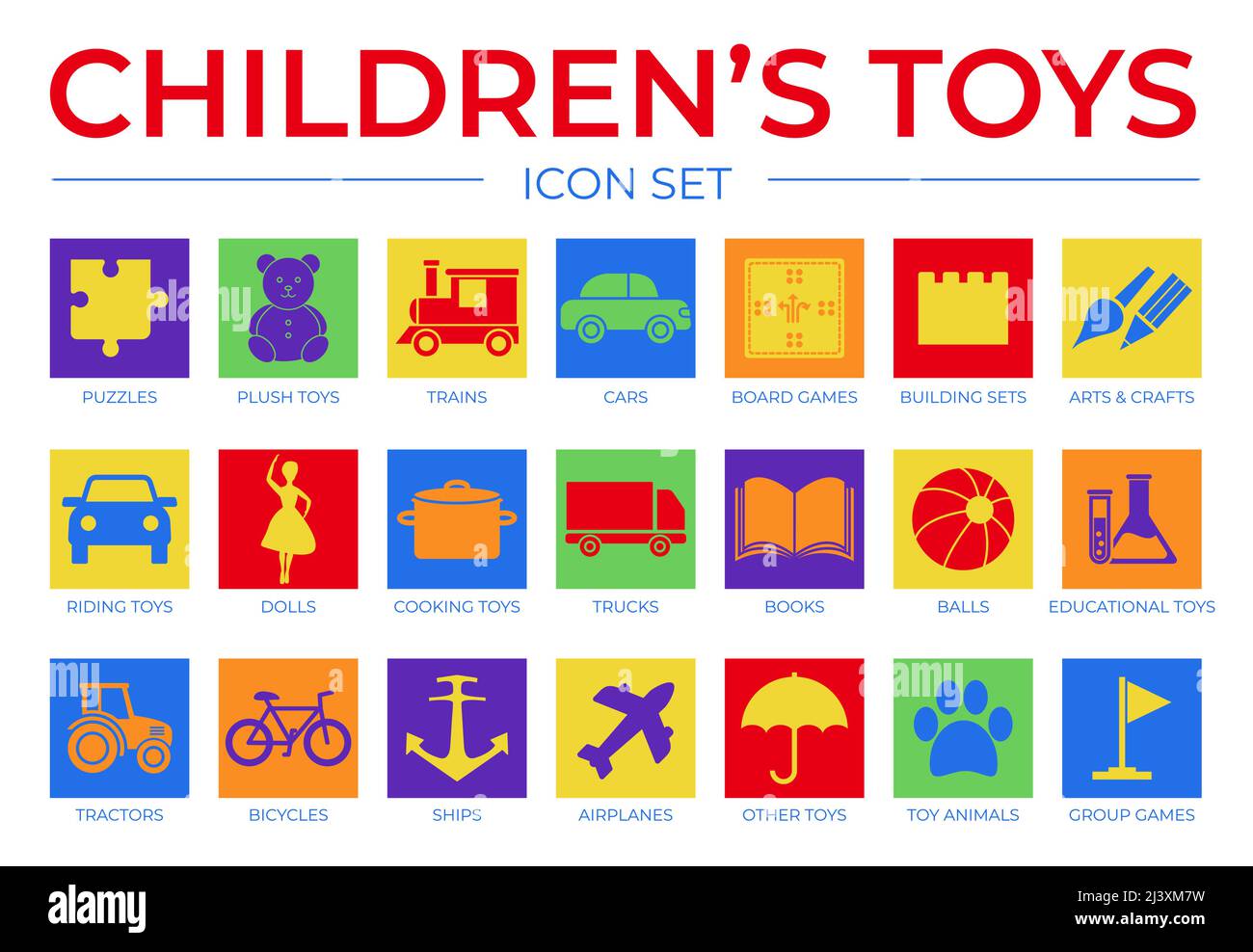 Colorful Children's Toys Icon Set with Puzzle, Plush, Train and Car ...