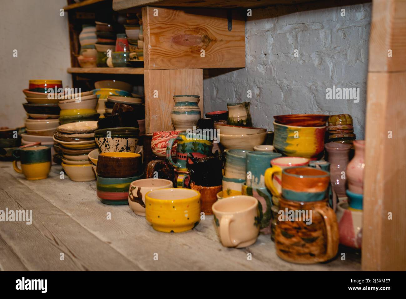 Hand made ceramic tableware, Collection of colorful clay pottery ...