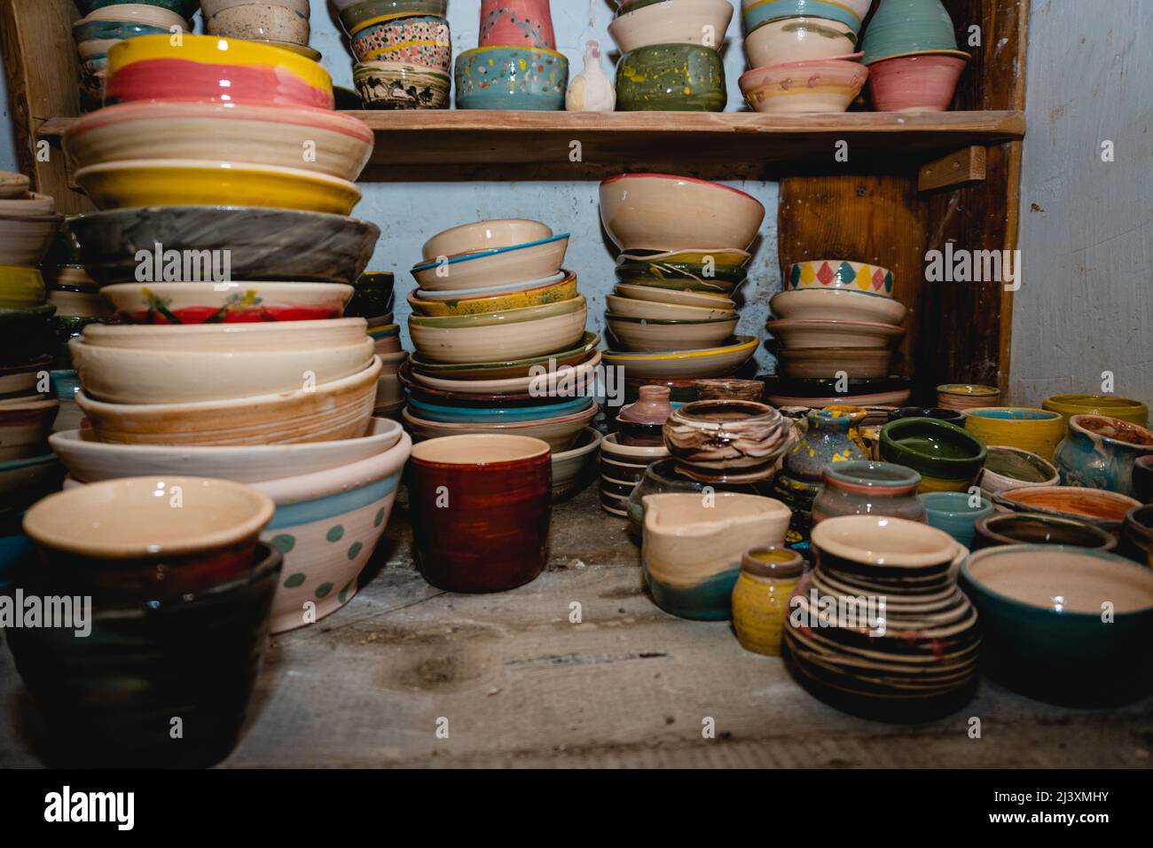 Hand made ceramic tableware, Collection of colorful clay pottery ...