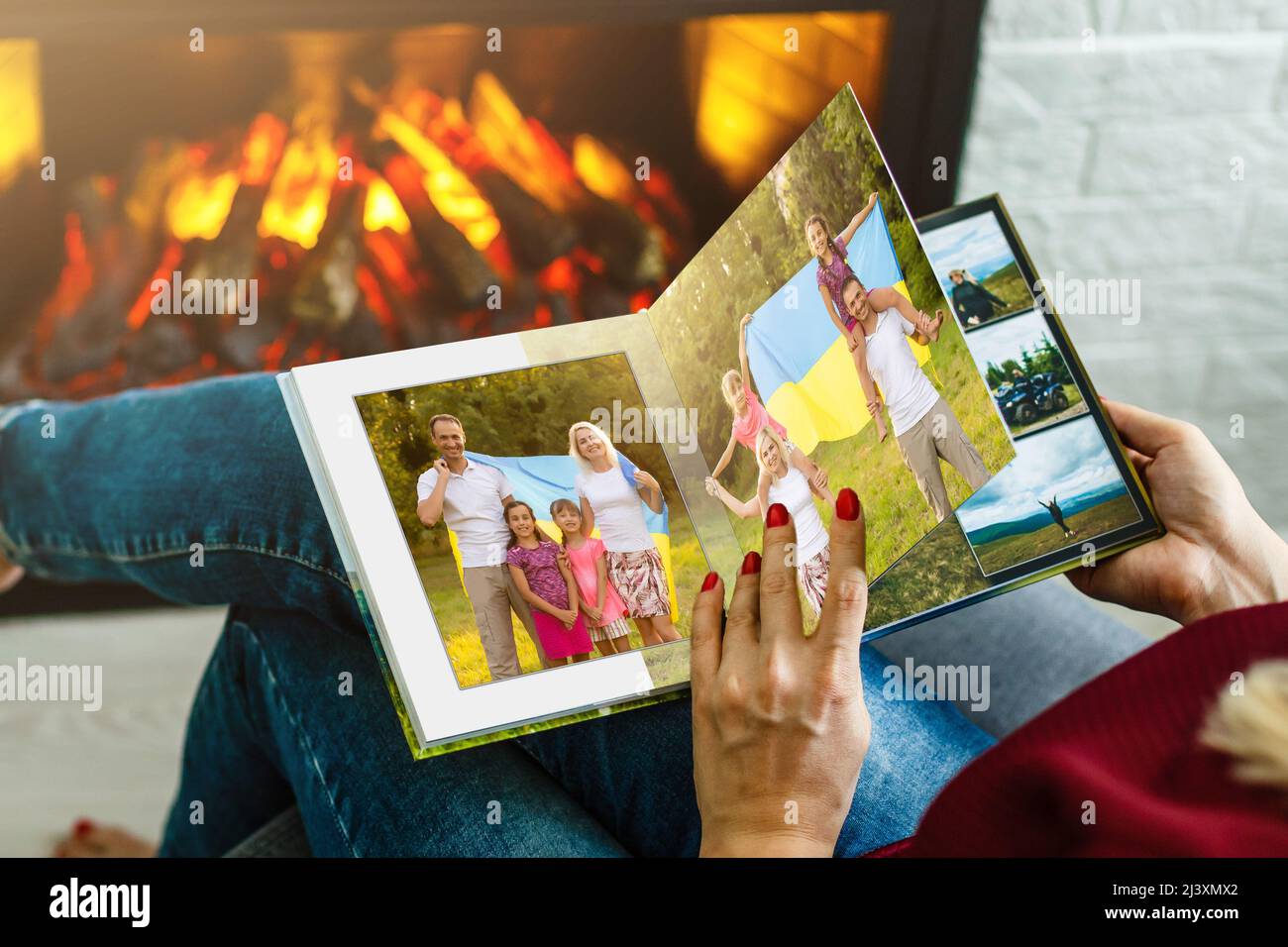 Family photos archive saved in brightly designed photo book; bright ...