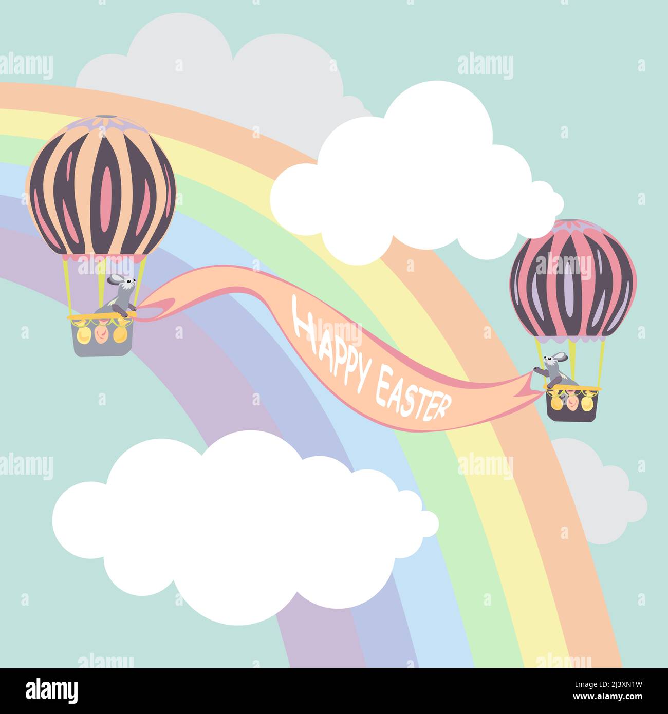 Easter bunnies fly across the sky sky with rainbow in a balloon among ...