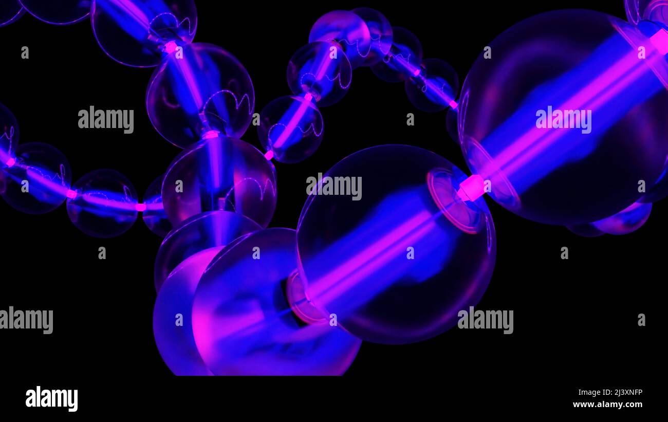 Bright neon background.Design. Glowing bright purple balls move the ...