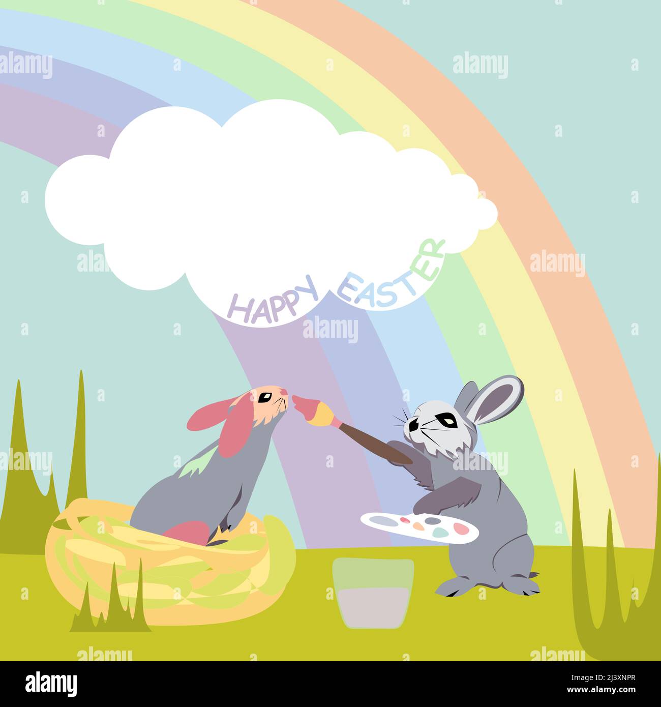 One Easter bunny paints another bunny with pastel colors against a ...