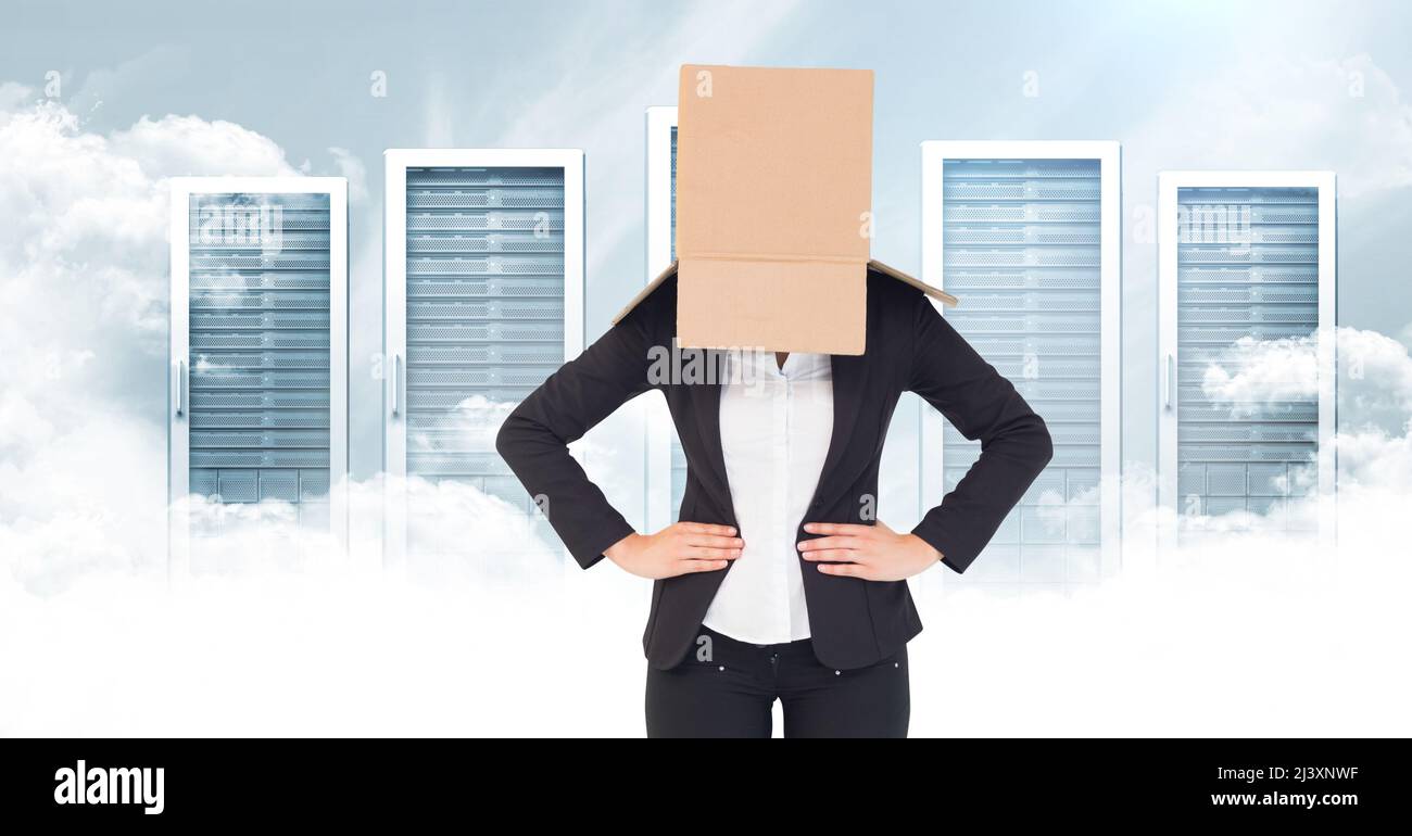 Cardboard box over the head of businesswoman against computer servers ...