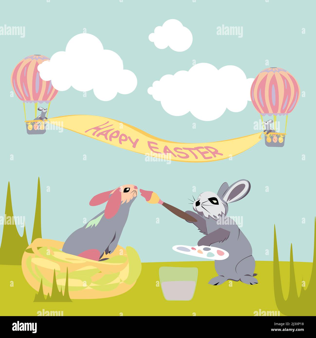 Easter bunnies fly across the sky sky with rainbow in a balloon among ...