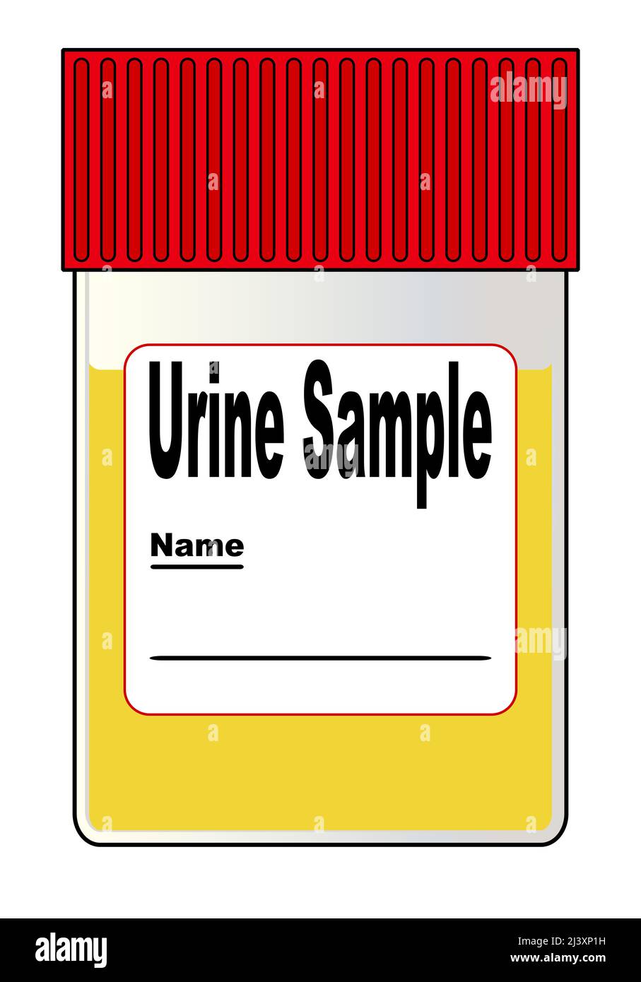 A spoof plastic full urine sample bottle with label set over a white ...
