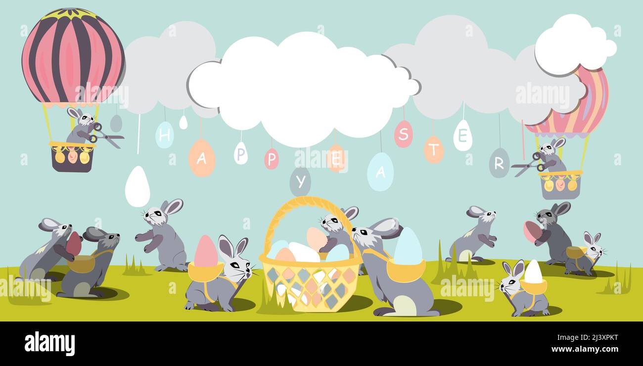 The Easter Bunny flies on air balloon through the sky among the clouds ...