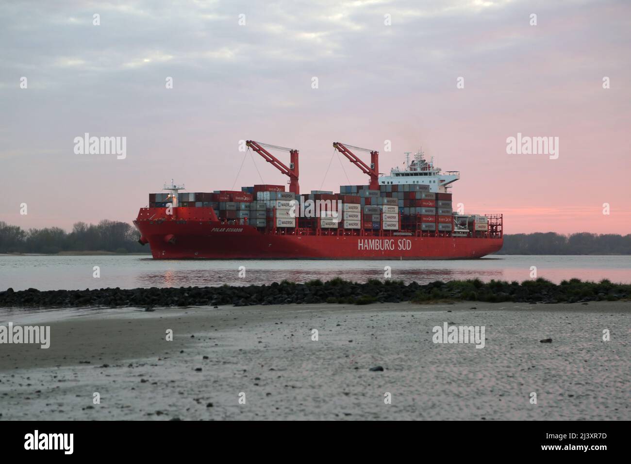 Container ship of the Hamburg Süd shipping company on the Elbe, The ...