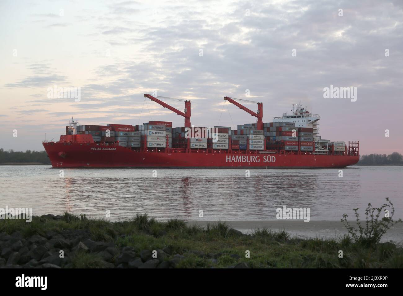 Container ship of the Hamburg Süd shipping company on the Elbe, The ...
