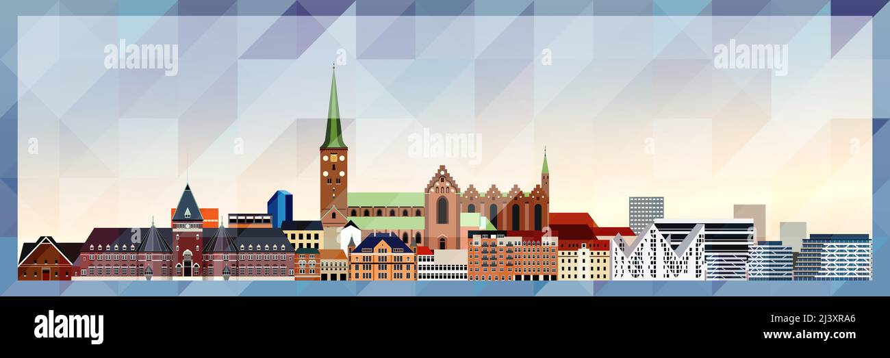 Aarhus skyline vector colorful poster on beautiful triangular texture ...