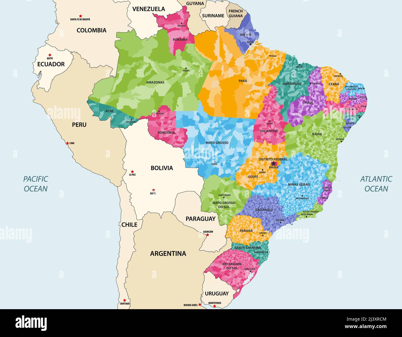 Brazil states and municipalities vector high detailed colored map with ...
