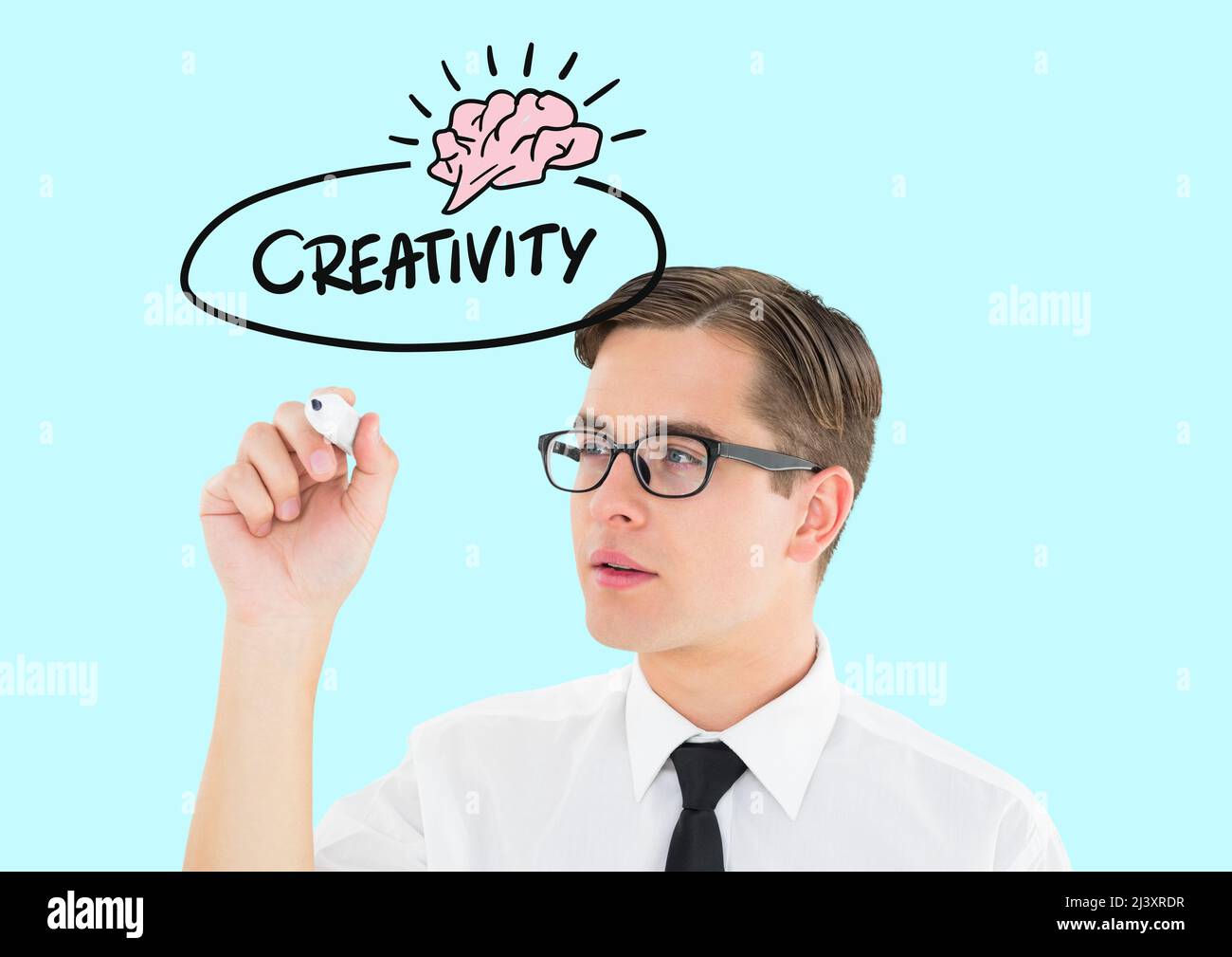 Brain icon with creative text over caucasian man writing on invisible ...