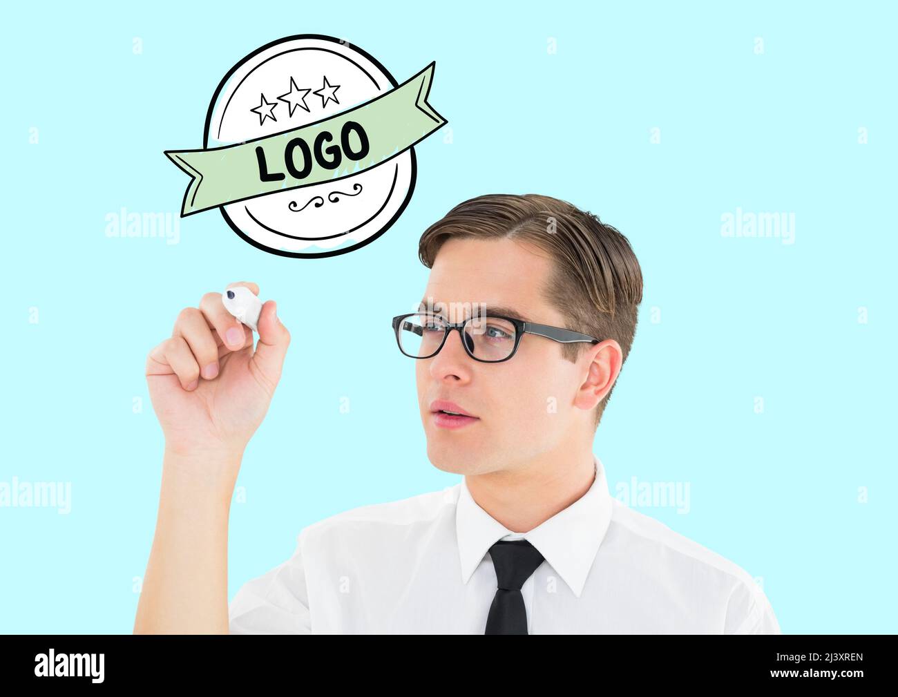 Logo text banner over caucasian man writing on invisible screen against ...