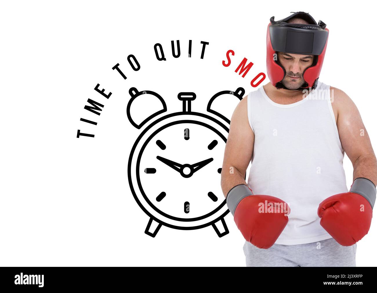 Caucasian male boxer against clock icon with time to quit smoking text ...