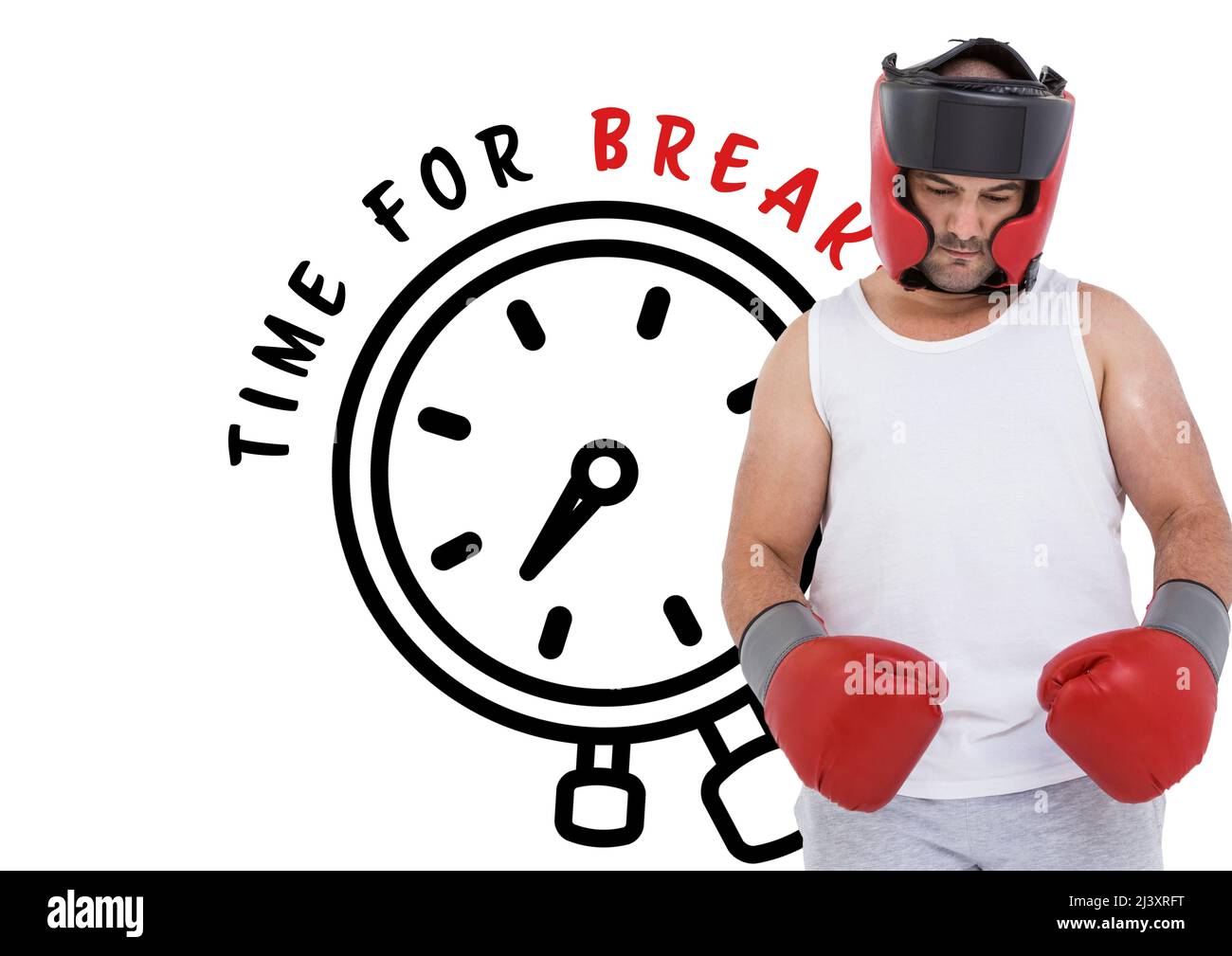Caucasian male boxer against clock icon with time for breakfast text on ...