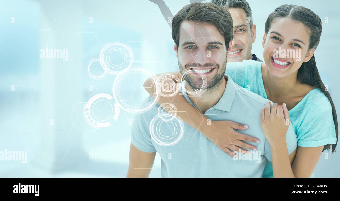 Multiple round scanners over portrait of caucasian family smiling ... Multiple round scanners over portrait of caucasian family smiling ...