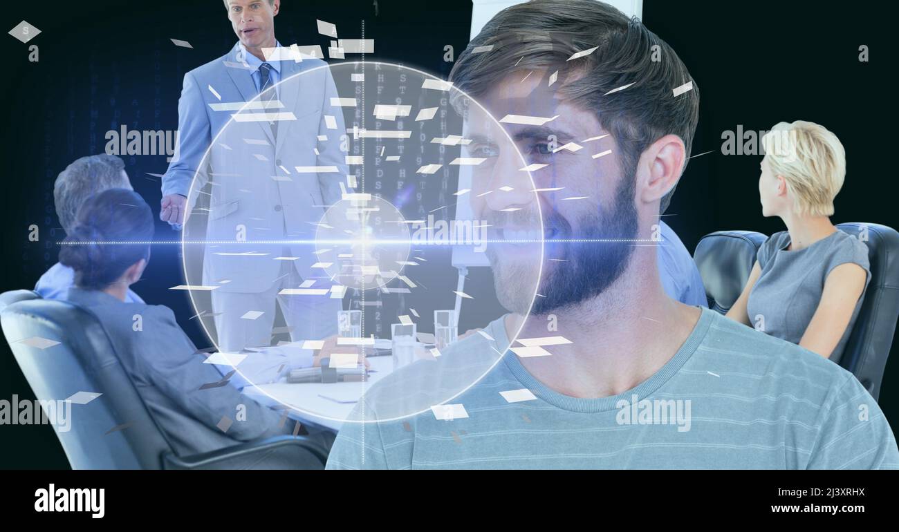 Scope scanning over group of diverse businesspeople discussing together ...