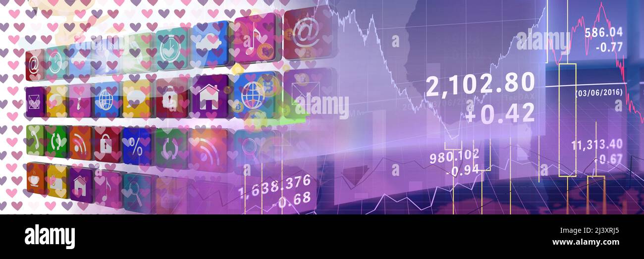 Pink heart icons, digital icons and stock market data processing ...