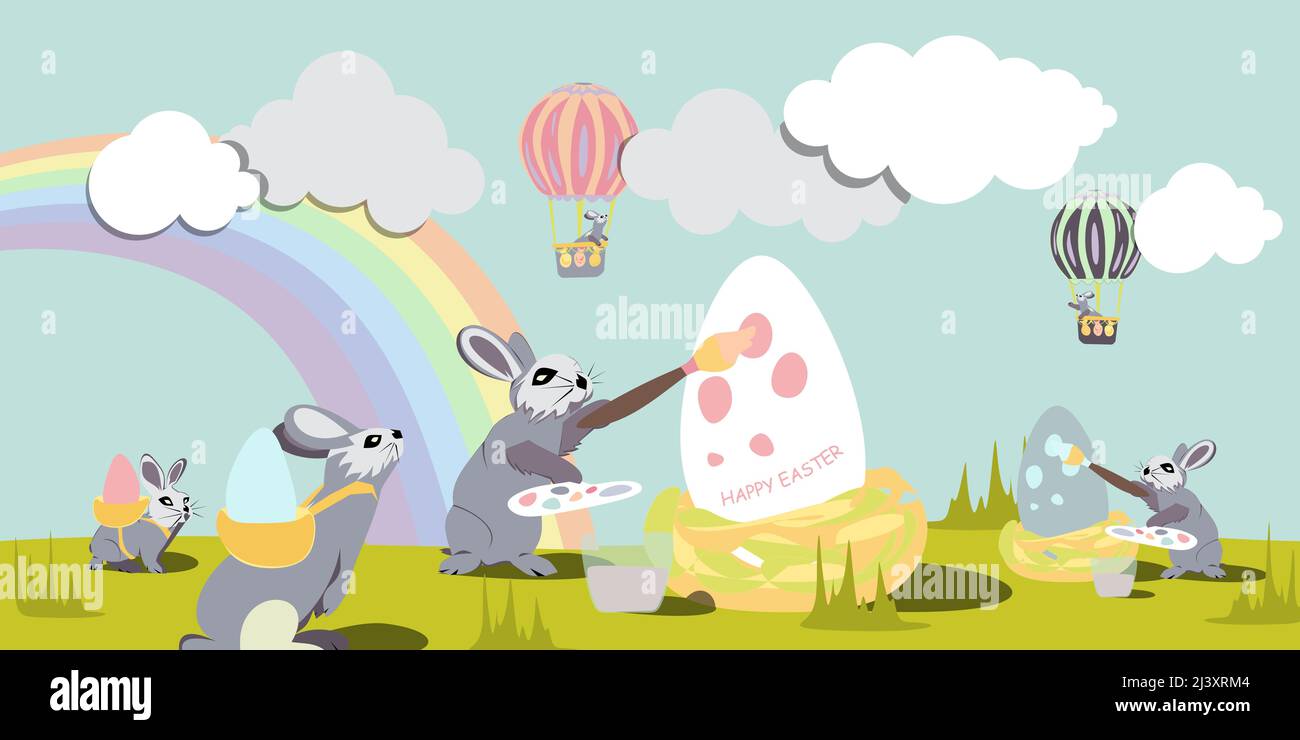 Easter bunnis paints Easter eggs with pastel colors on the background ...