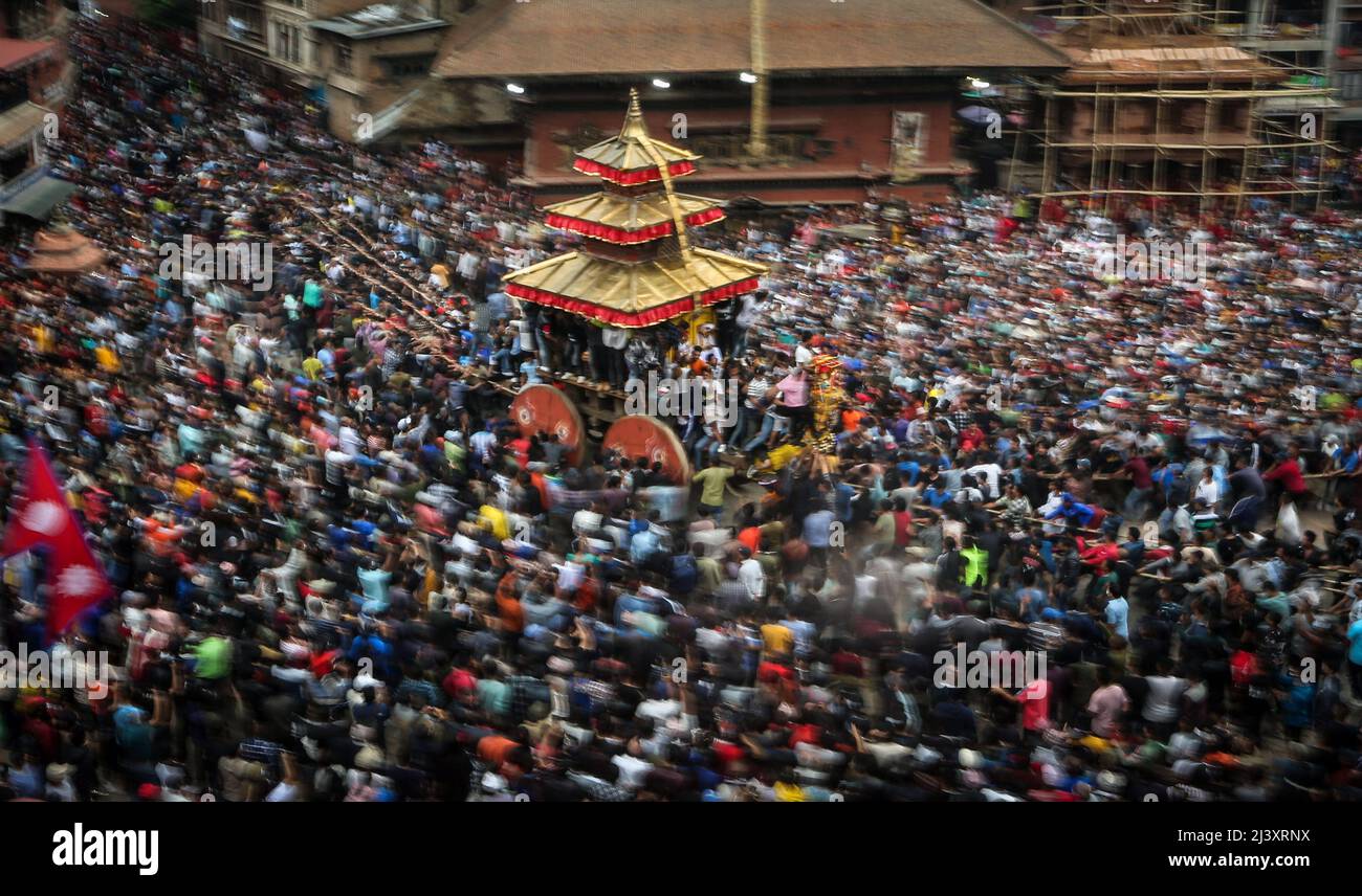 Bhaktapur, Bagmati, Nepal. 10th Apr, 2022. People pull the chariot of ...