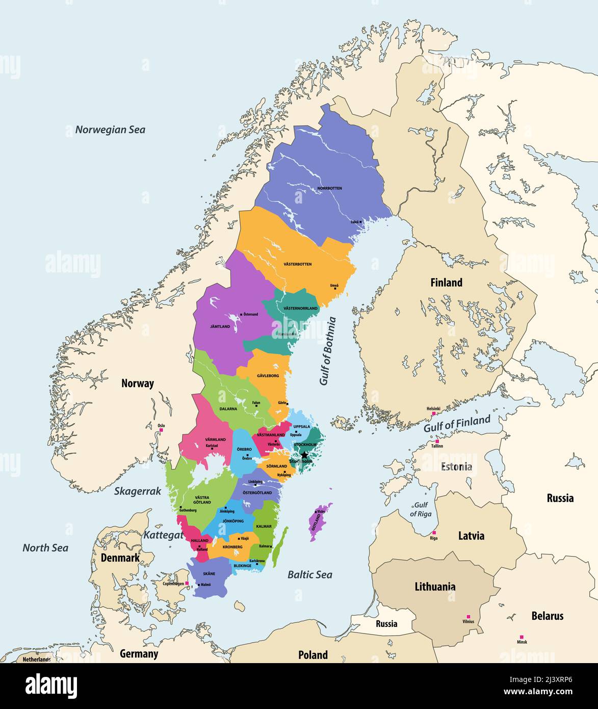 Counties of Sweden veector map with neighbouring countries and ...