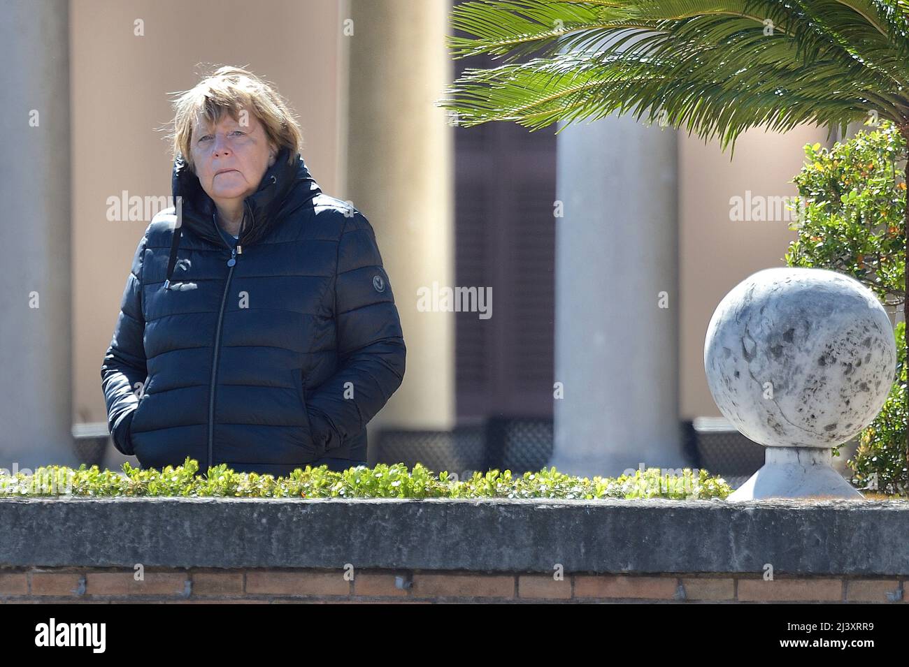 Angela Merkel the ex-chancellor of germany on a terrace of a Roman ...