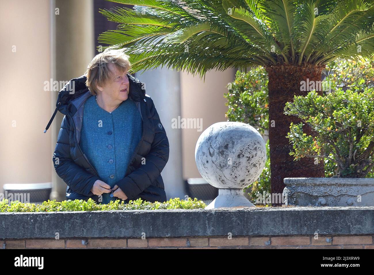 Angela Merkel the ex-chancellor of germany on a terrace of a Roman ...