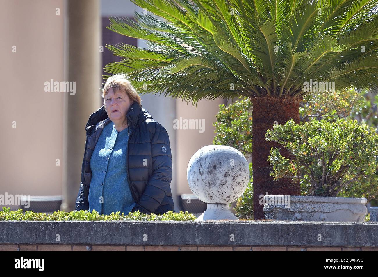 Angela Merkel the ex-chancellor of germany on a terrace of a Roman ...