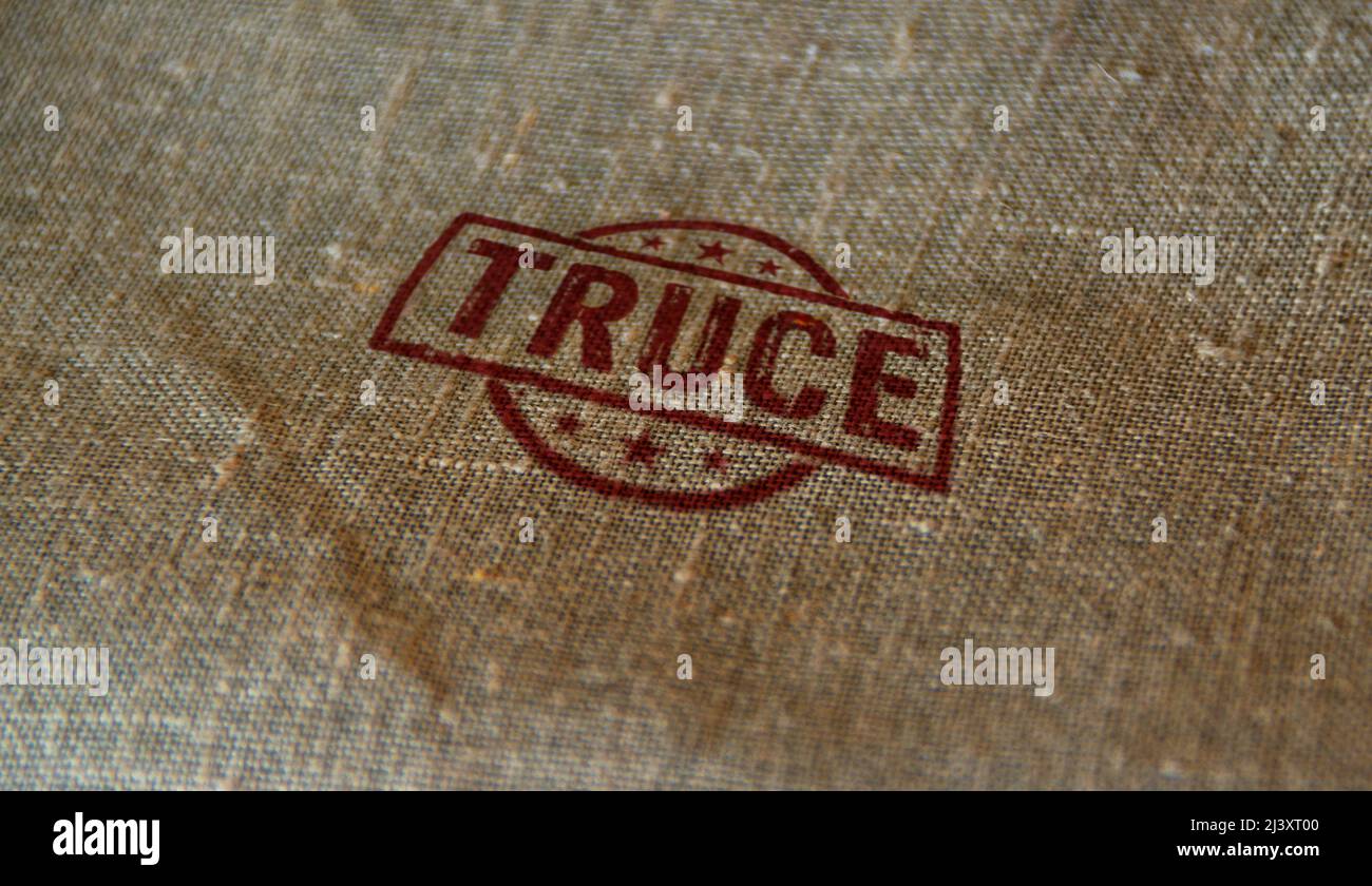 Truce stamp printed on linen sack. Armistice, peace, stop war and cease ...