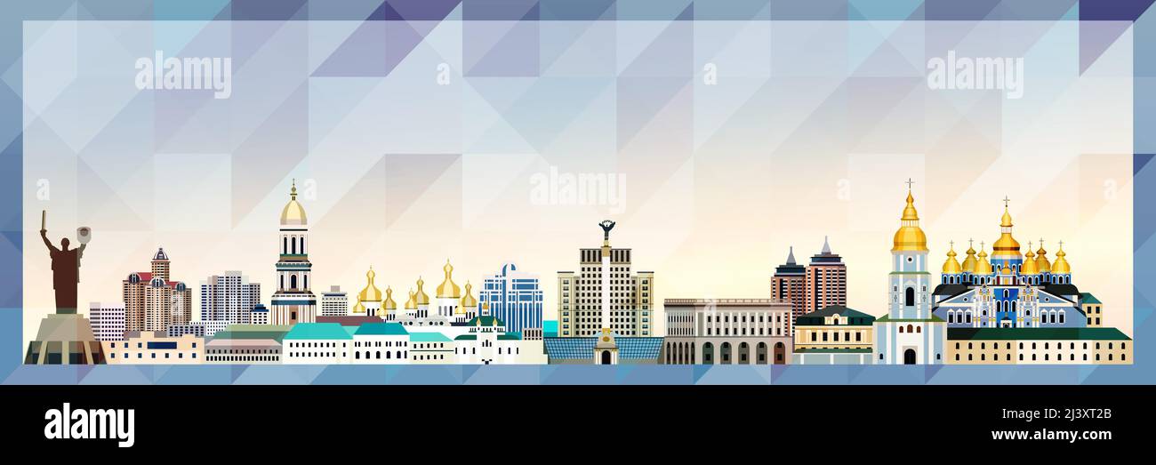 Kyiv skyline vector colorful poster on beautiful triangular texture ...