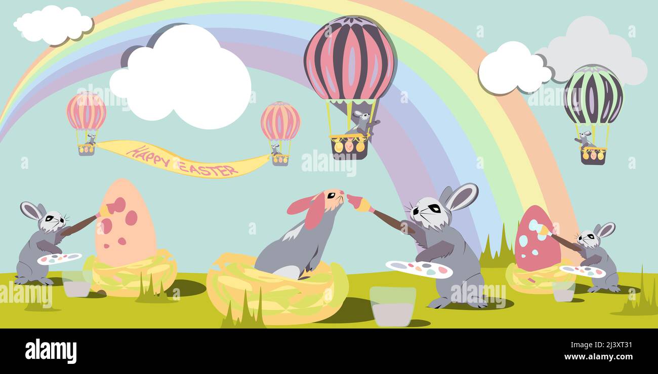 Easter bunnis paints Easter eggs and rabbits with pastel colors on the ...