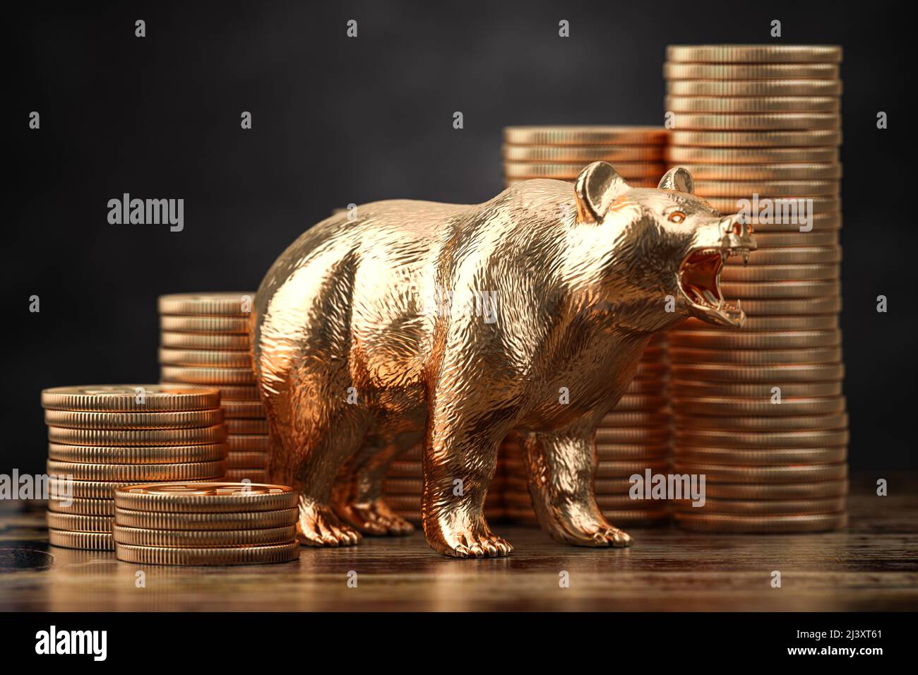Coin stacks with bear on black background. Bearish stock exchange ...