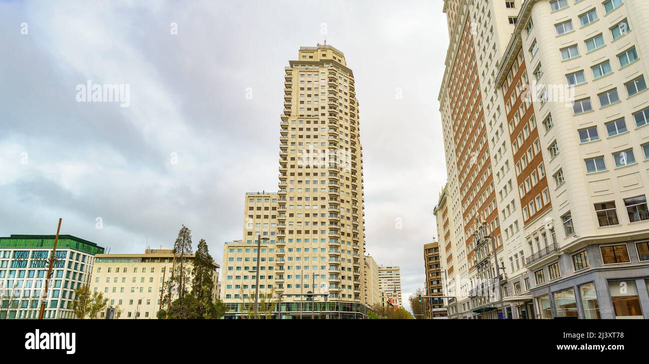 Neoclassical skyscraper of the city of Madrid in the Spanish Square of ...