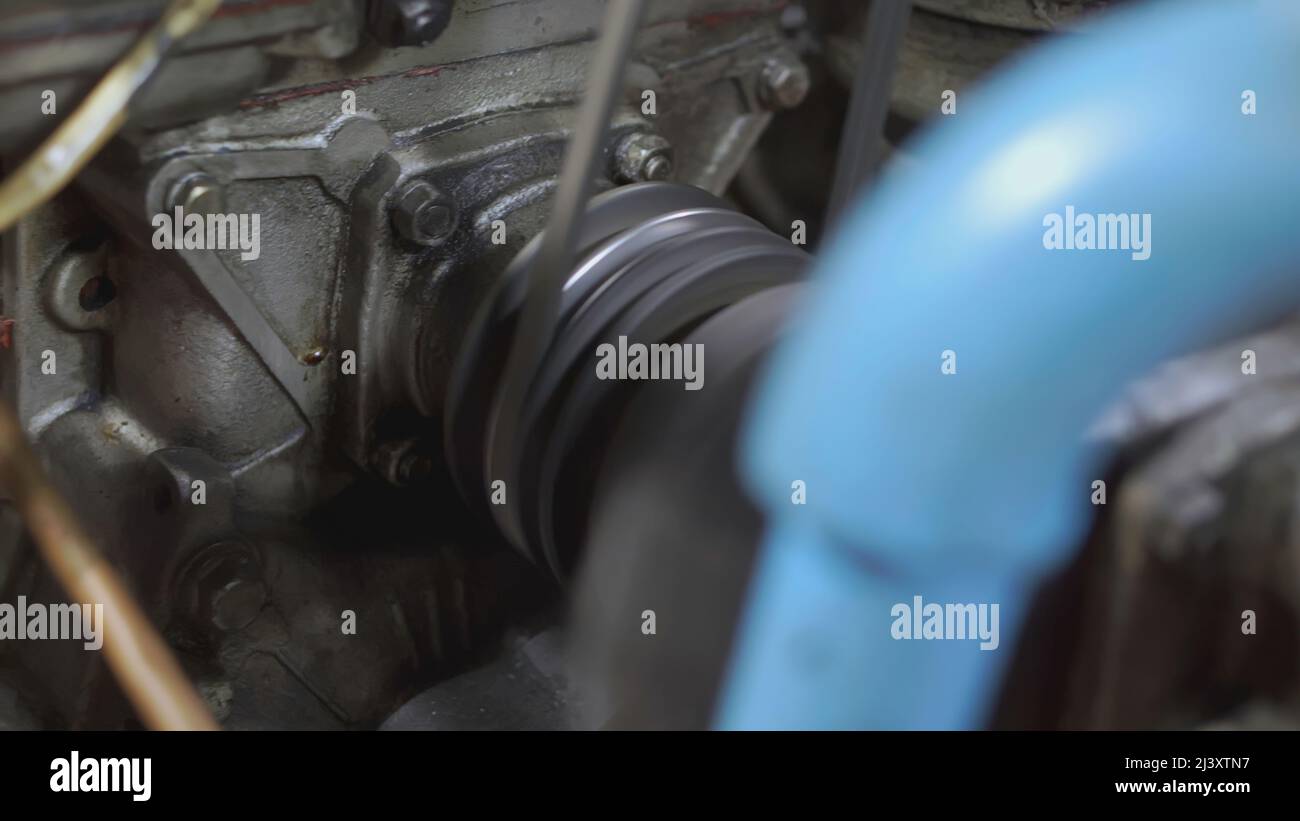 The spinning engine part is a close-up of a small ship. CLIP. A working ...