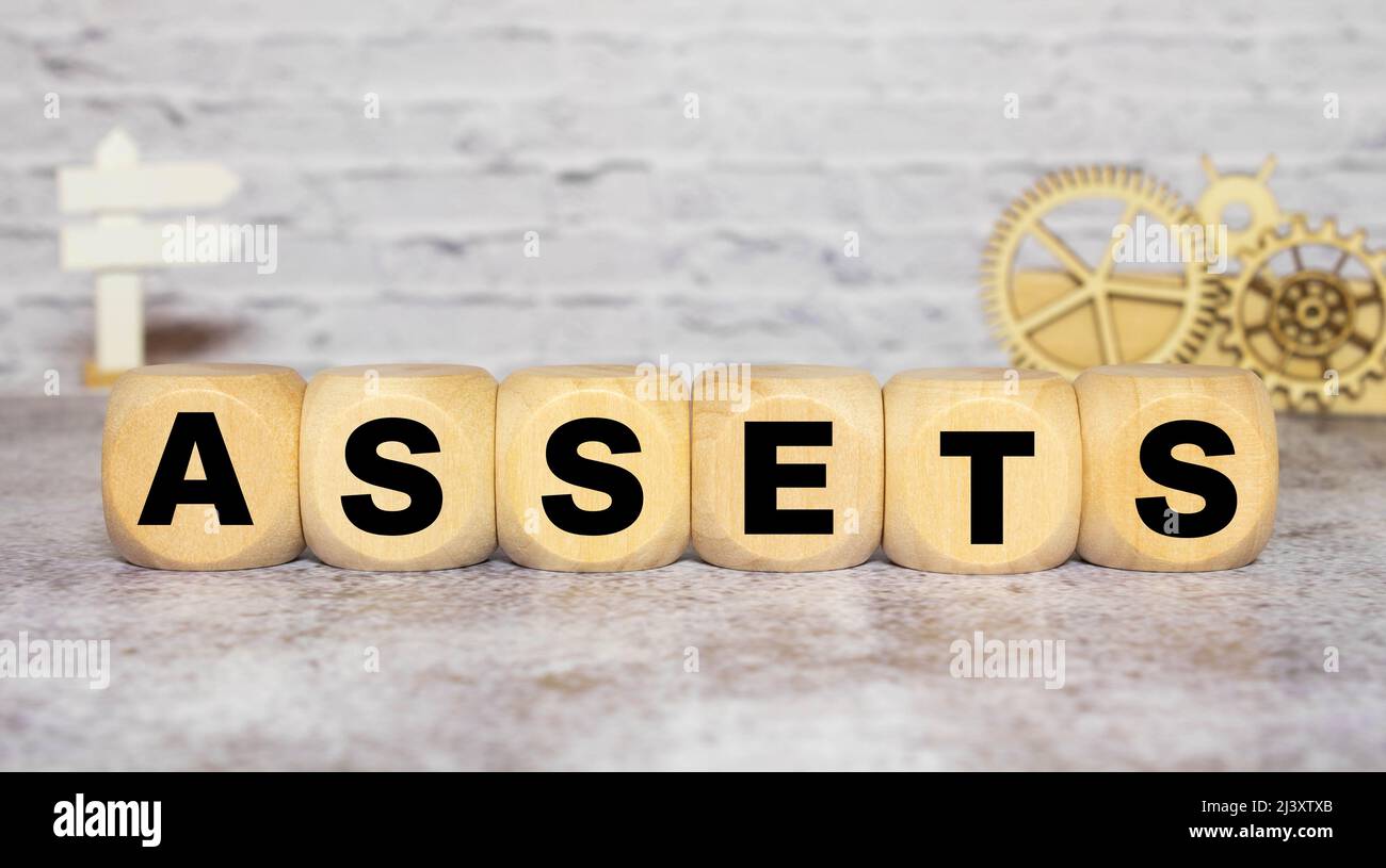 assets - word from wooden blocks with letters, useful or valuable thing ...